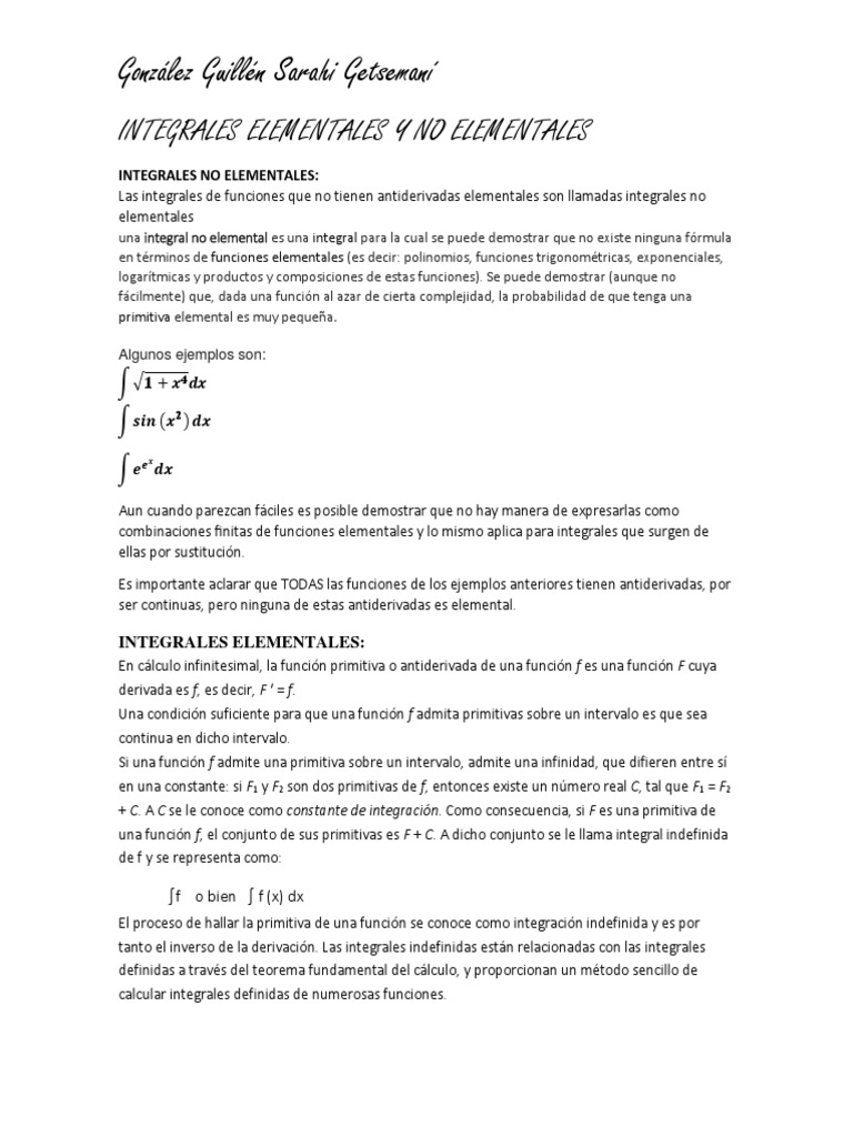 Integración elemental y no elemental: definiciones, ejemplos y teoremas ...
