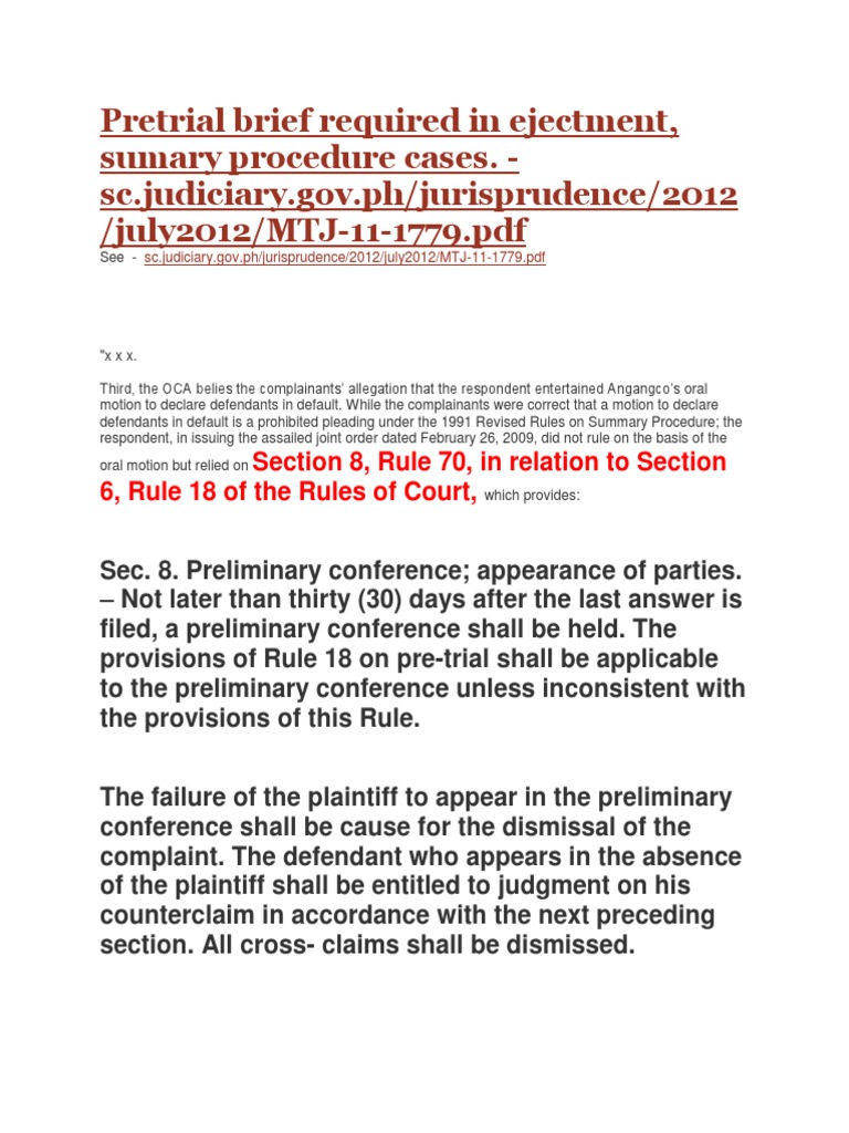 Pretrial Brief Required in Ejectment, Sumary Procedure Cases. - SC - Judiciary.gov - Ph ...