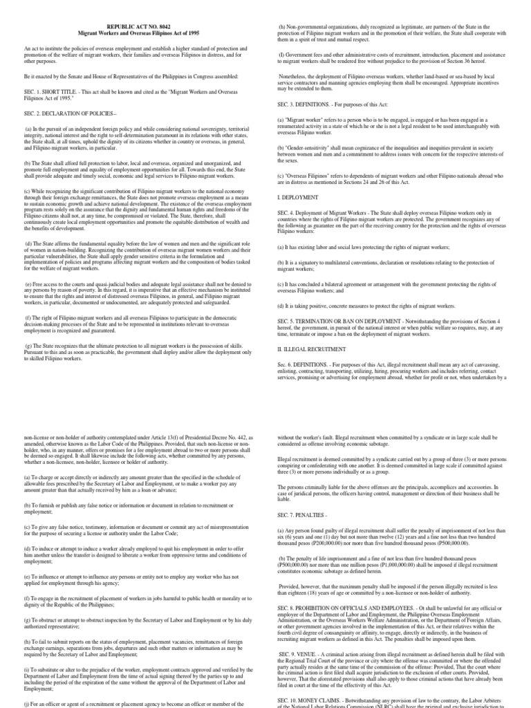 Republic Act No. 8042 Migrant Workers and Overseas Filipinos Act of ...
