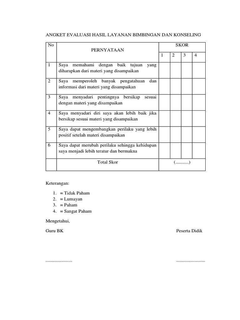 Angket Evaluasi Hasil Layanan Bimbingan Dan Konseling | PDF