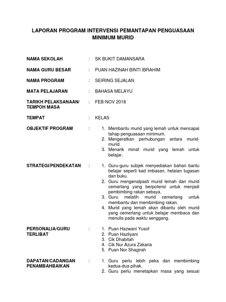 Laporan Program Intervensi Pemantapan Penguasaan Minimum Murid | PDF