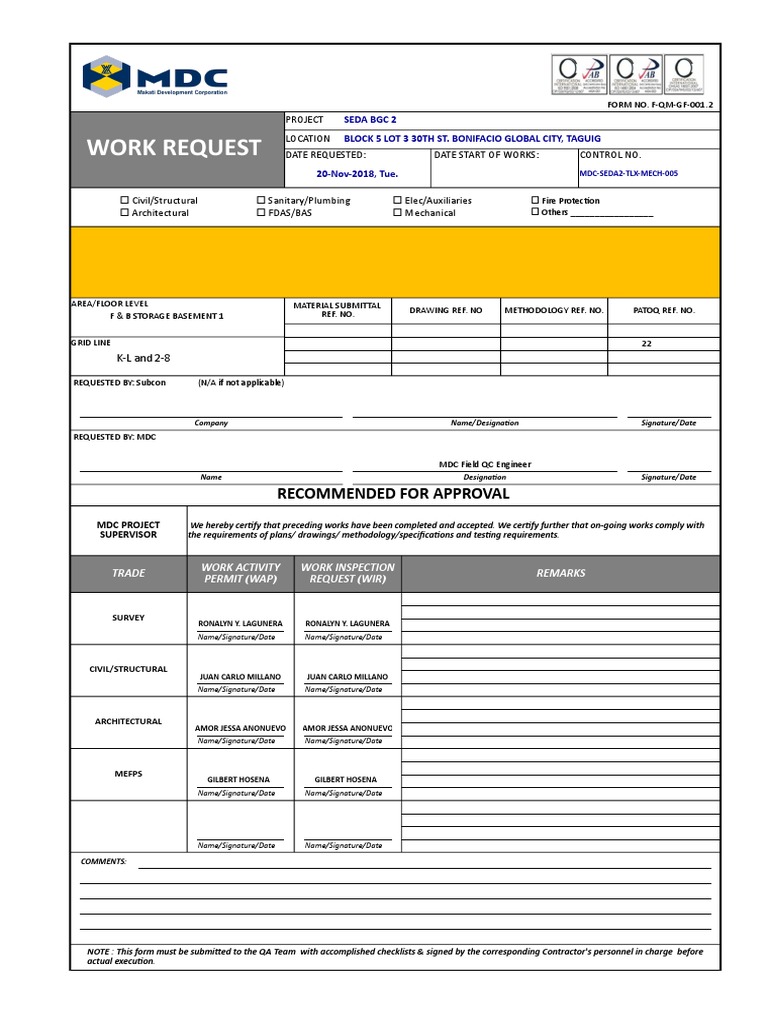 Sample Form Work Request | PDF | Quality Assurance | Engineering