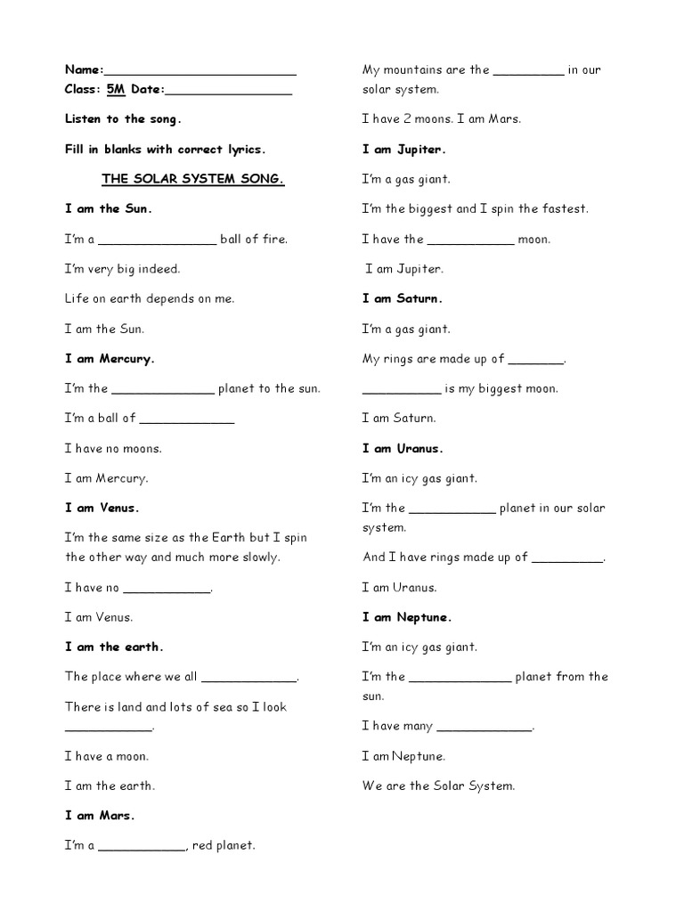 Solar System Song Lyrics Worksheet | PDF | Planets | Solar System