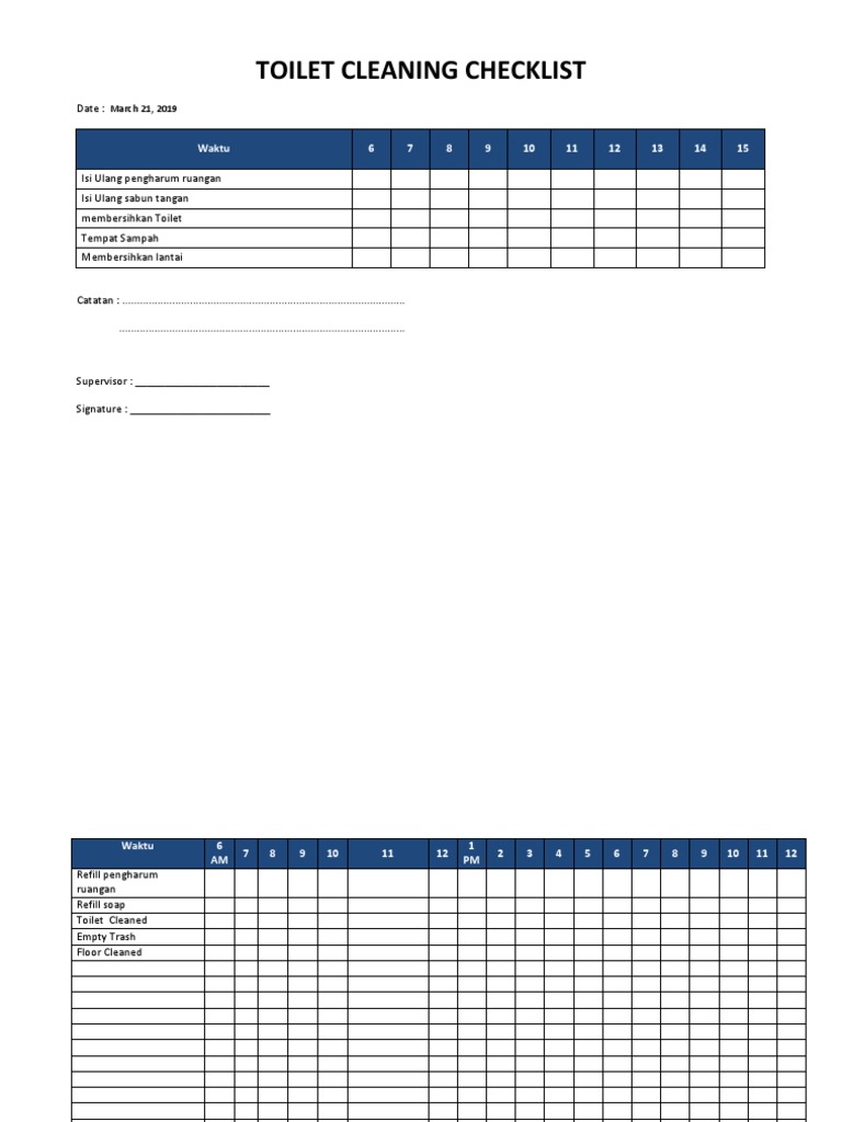 Toilet Cleaning Checklist: Waktu 6 7 8 9 10 11 12 13 14 15 | PDF ...