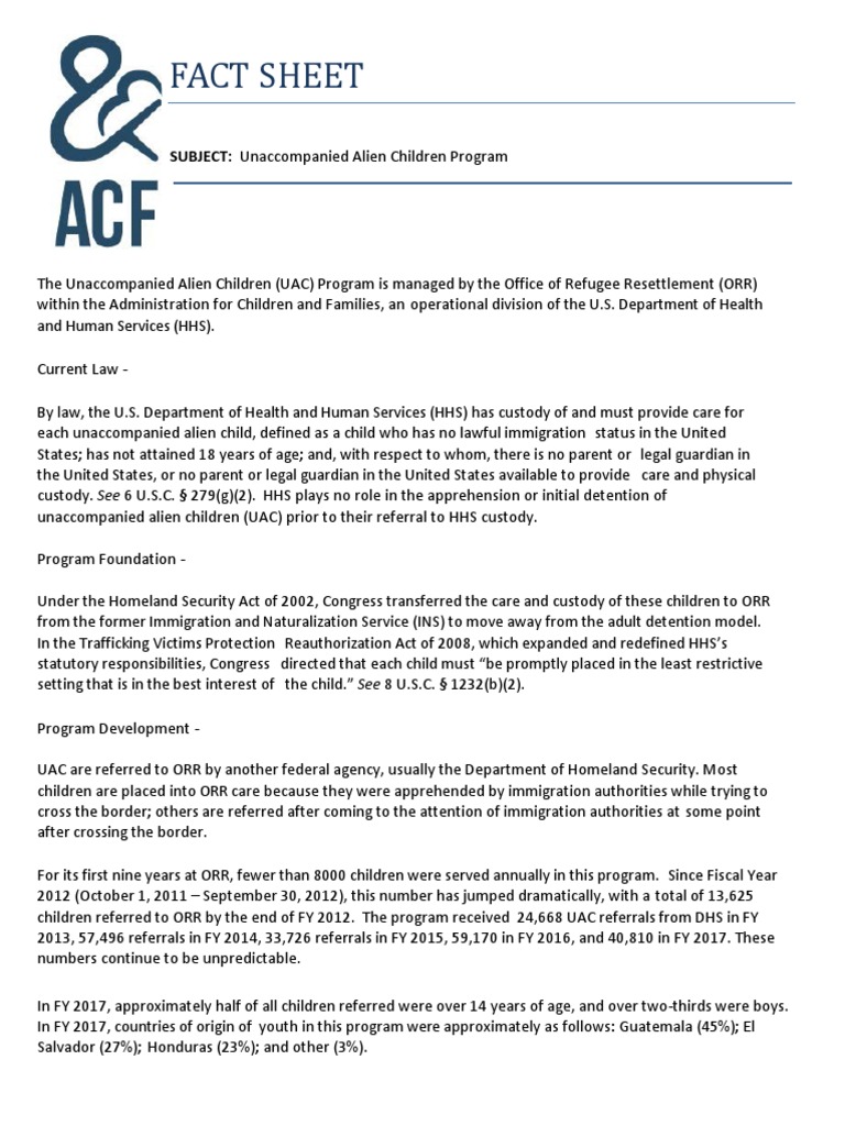 ORR Fact Sheet On Unaccompanied Alien Childrens' Services | PDF ...