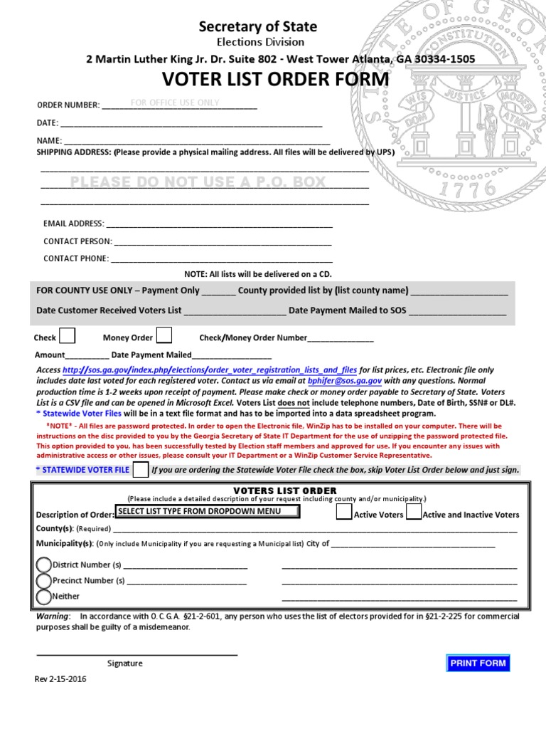 Voter List Order Form 3-27-171 | PDF | Computing | Business