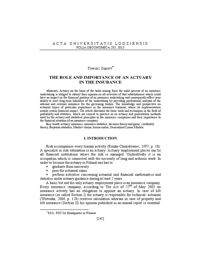 The Role and Importance of An Actuary in The Insurance: Acta ...