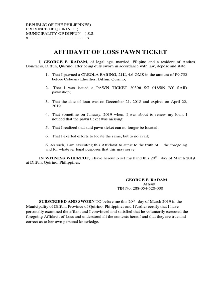 Affidavit of Loss Pawnticket | PDF