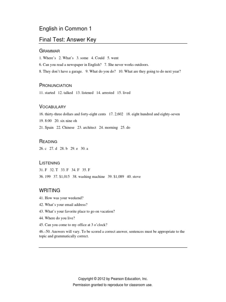 English in Common 1 Final Test: Answer Key: Permission Granted To ...
