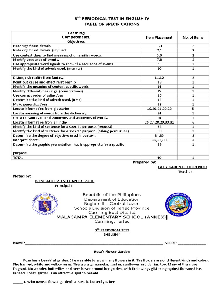3rd Quarter Exam (All Subjects With Tos) | PDF | Rose | Dictionary
