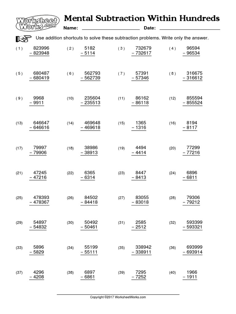 Mental Subtraction Within Hundreds: Name: Date | PDF | Subtraction ...