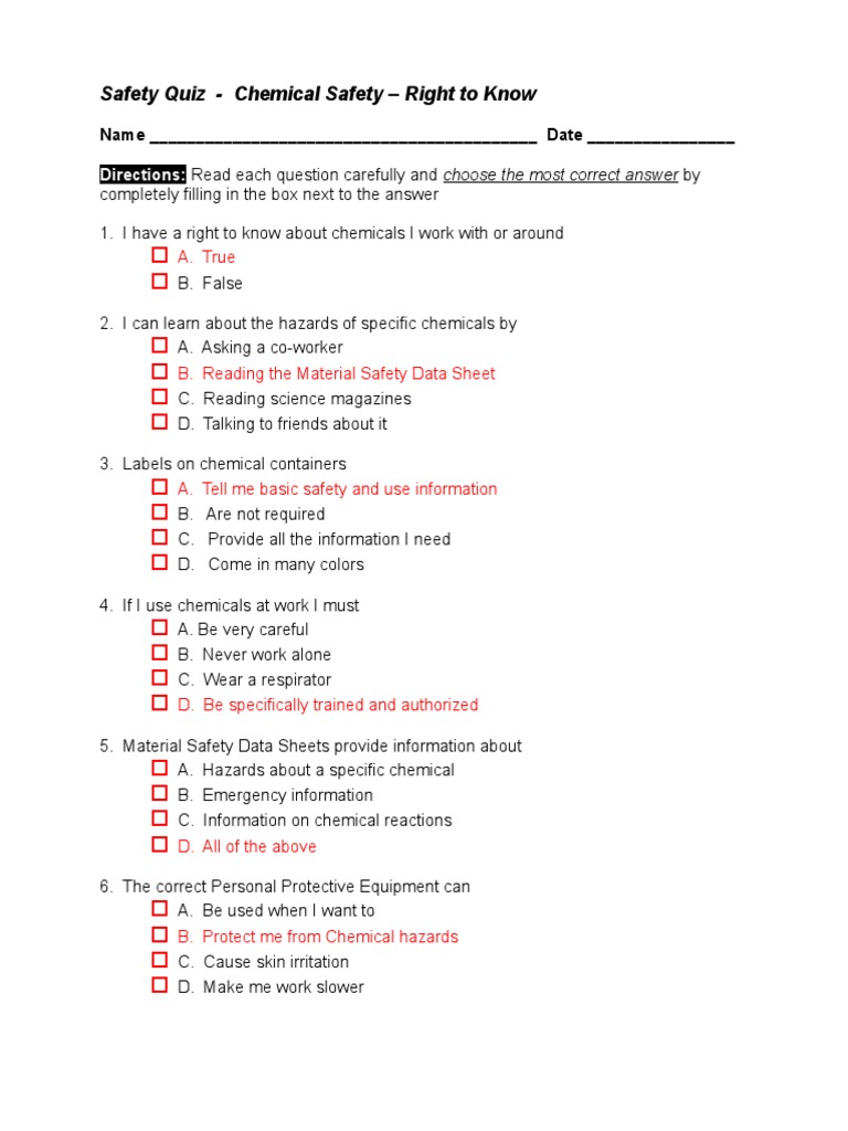 Chemical Safety Answer Key | PDF