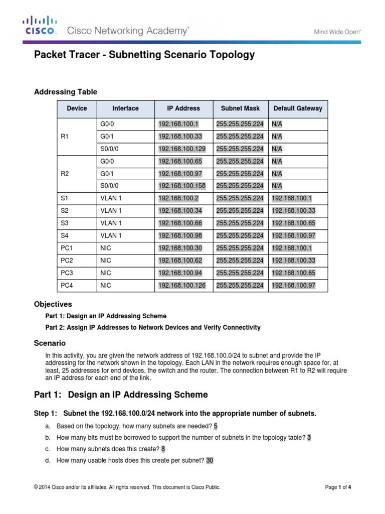 9.1.4.6 Packet Tracer - Subnetting Scenario 1 Instructions IG | PDF | Ip Address | Computer Network