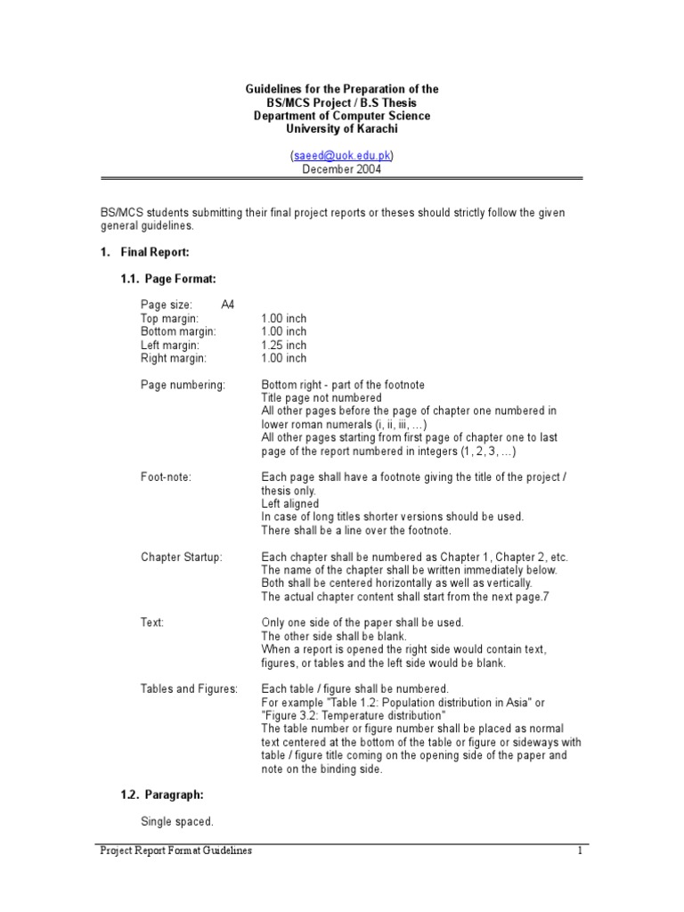 Guidelines For The Preparation of The BS/MCS Project / B.S Thesis ...