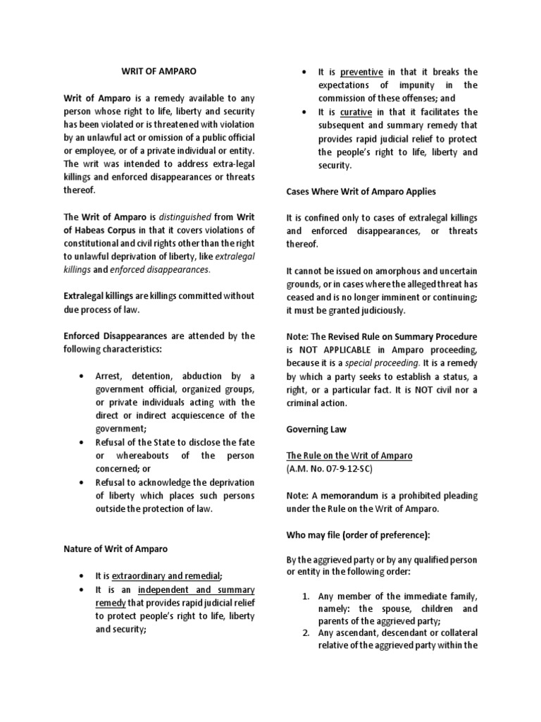 Writ of Amparo Writ of Habeas Data (Reviewer) | PDF | Habeas Corpus ...