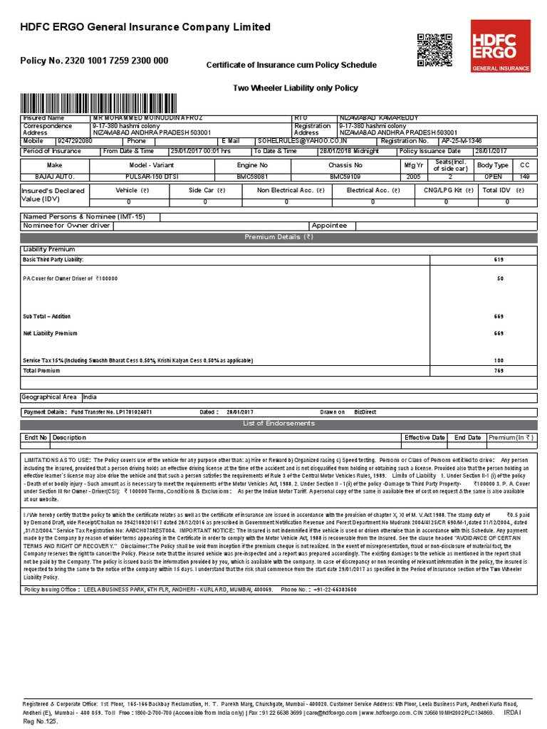 HDFC ERGO General Insurance Company Limited: Policy No. 2320 1001 7259 ...