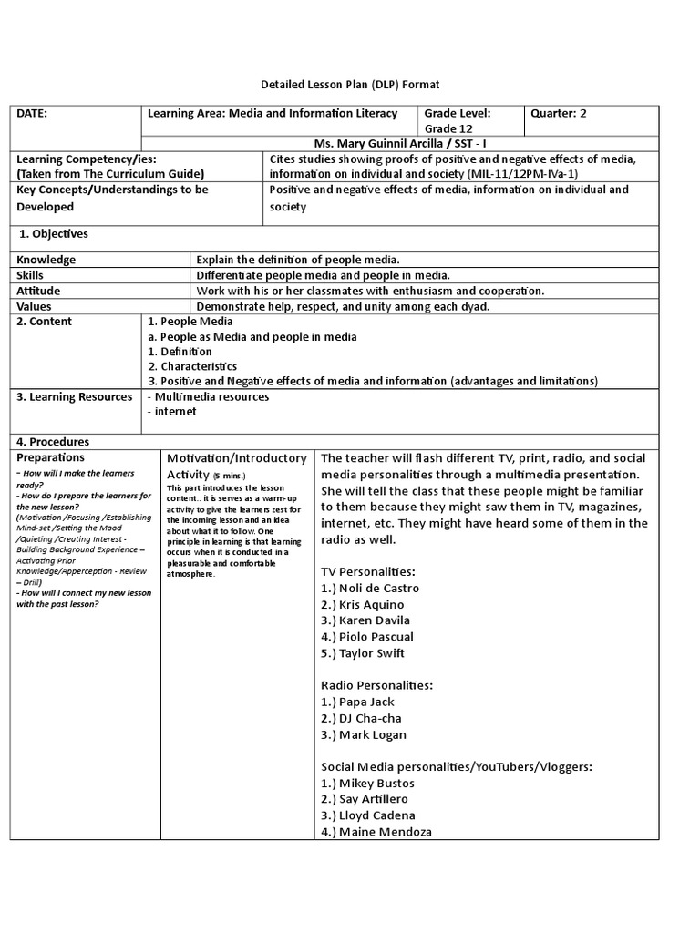 Detailed Lesson Plan DLP Format DATE Lea | PDF | Mass Media | Learning