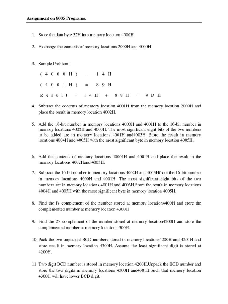 8085 Assembly Language Programs for Memory Manipulation, Arithmetic Operations, Bit Manipulation ...