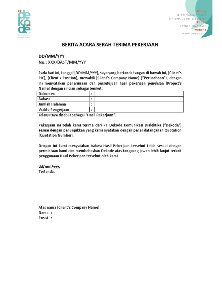 Contoh Dokumen BAST Pekerjaan | PDF