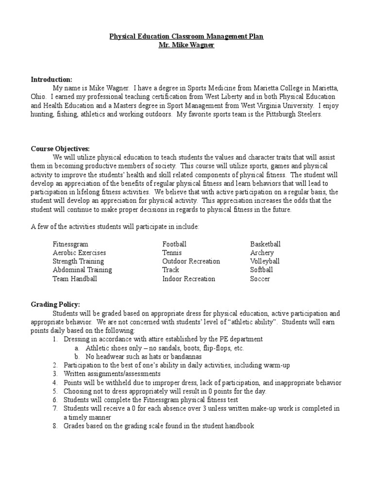 Pe Classroom Management Plan | PDF | Physical Education | Classroom ...