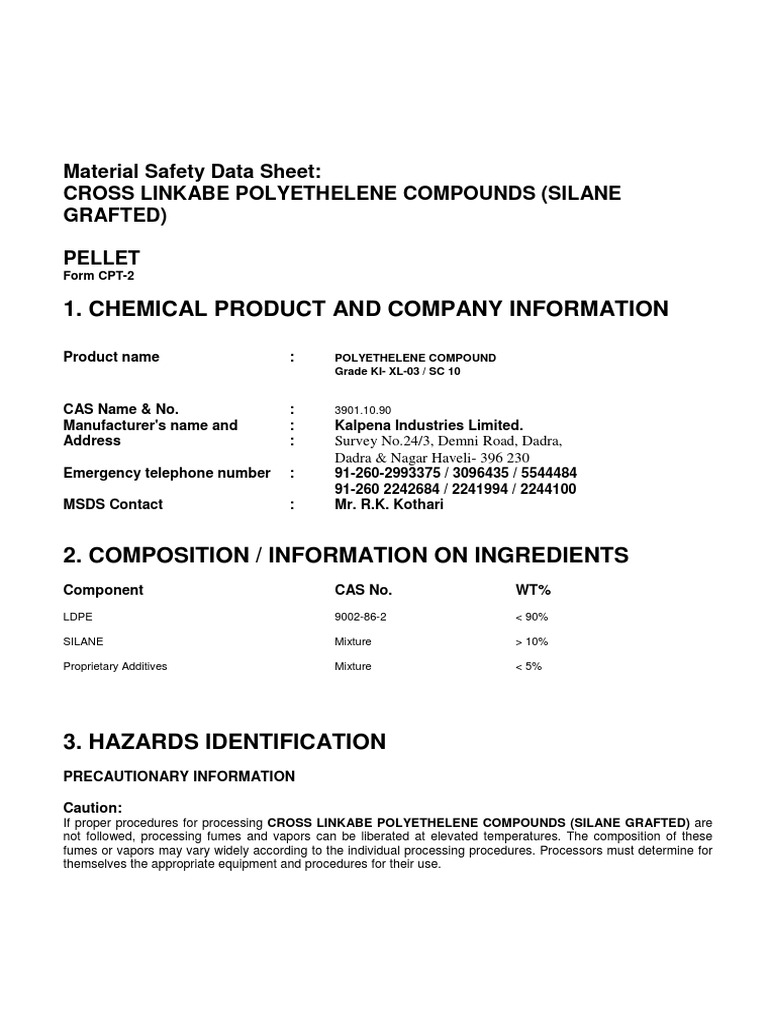 Material Safety Data Sheet for Cross Linkable Polyethylene Compounds ...