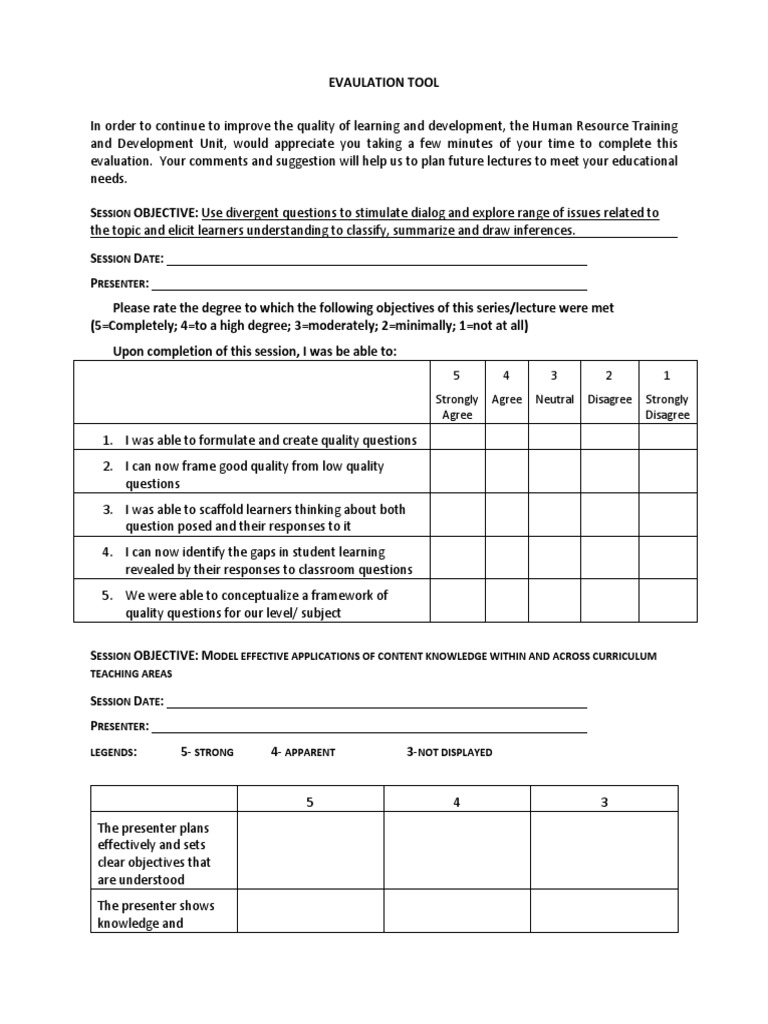 EVAULATION TOOL For Inset Training | PDF | Teachers | Learning