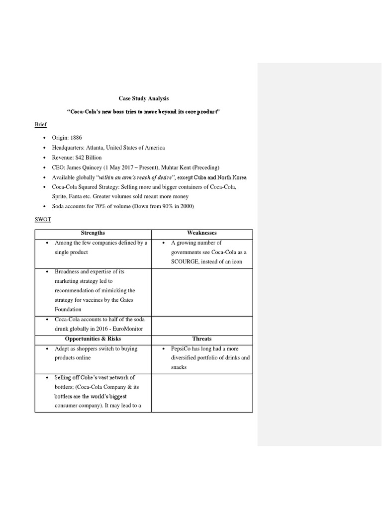 Coca Cola's Case Study Analysis | PDF | The Coca Cola Company | Soft Drink