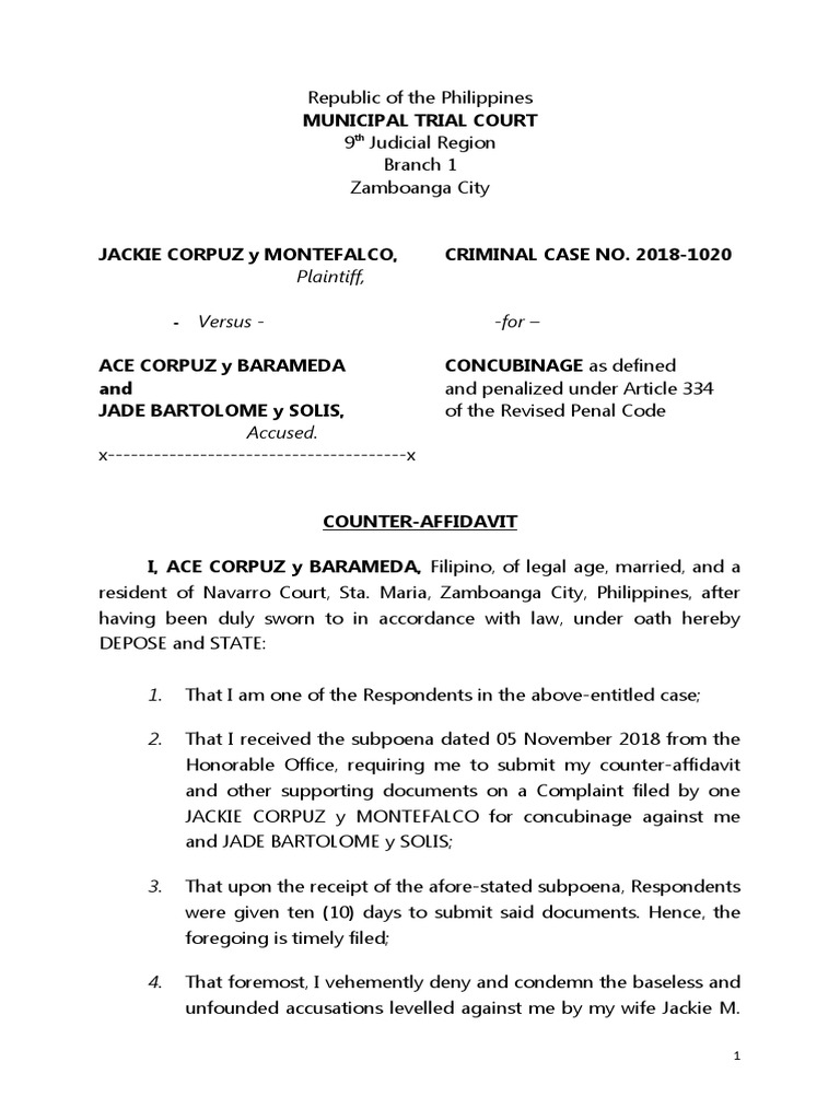 Counter Affidavit - Ace | PDF | Husband | Social Institutions