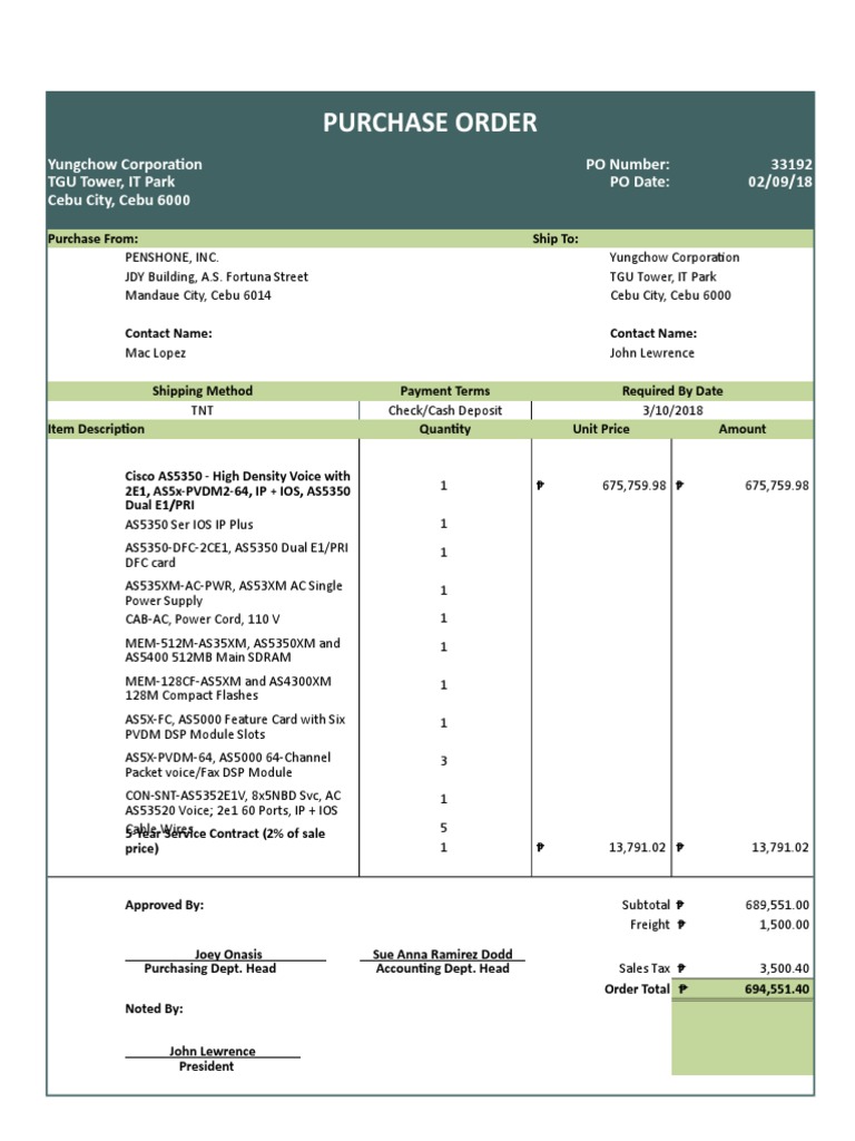 Purchase Order: Yungchow Corporation PO Number: 33192 TGU Tower, IT ...