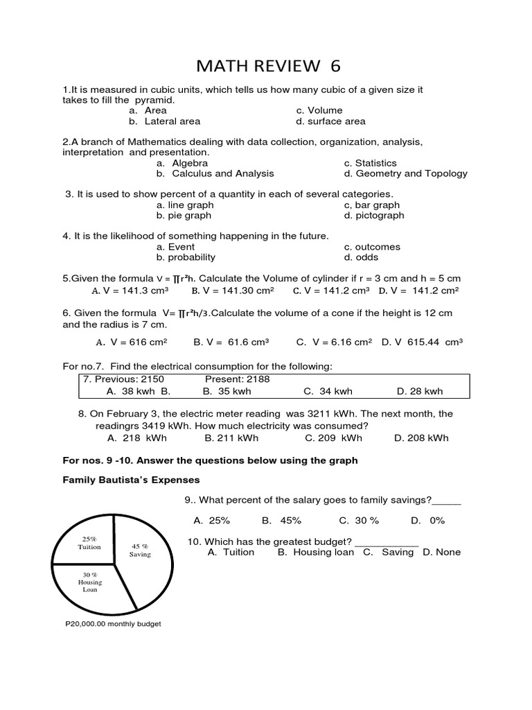 Math Review 6: For Nos. 9 - 10. Answer The Questions Below Using The ...