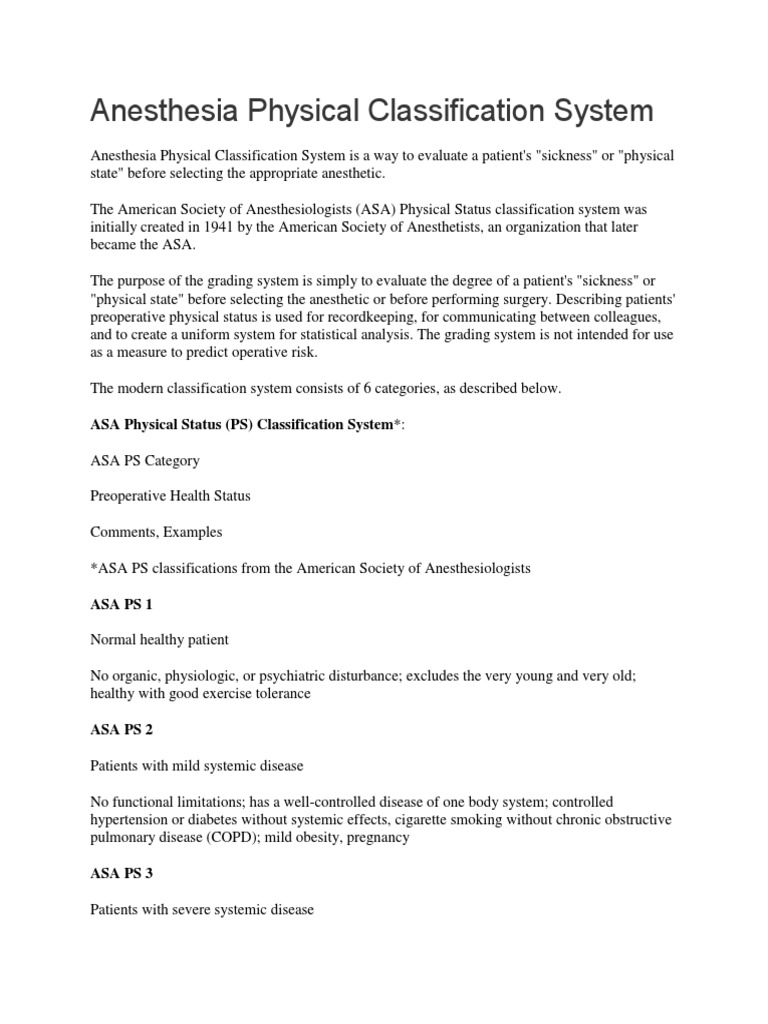 Anesthesia Physical Status Classification | PDF | Anesthesia | Surgery