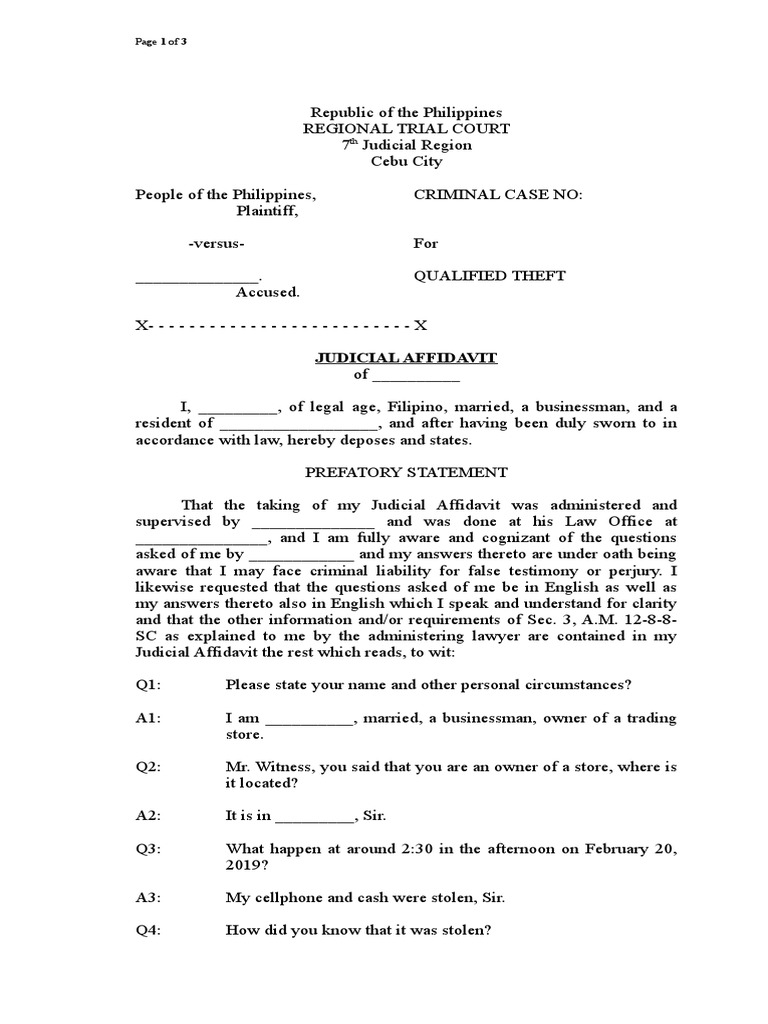 Sample Judicial Affidavit Qualified Theft | Affidavit | Perjury