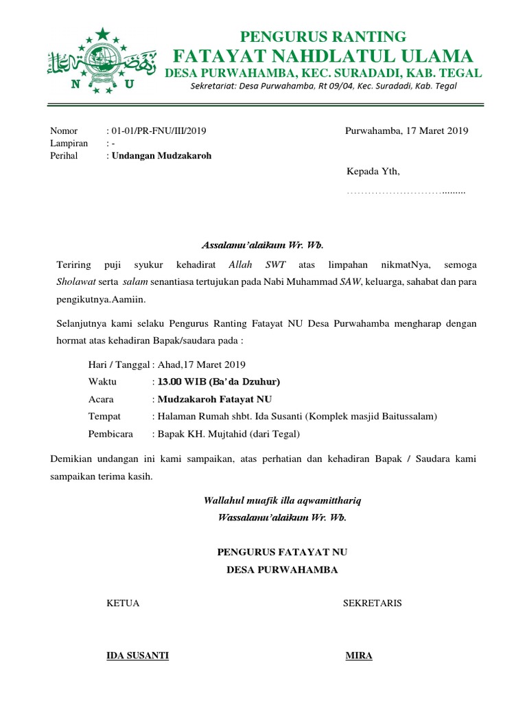 Undangan Mudzakaroh Fatayat NU | PDF