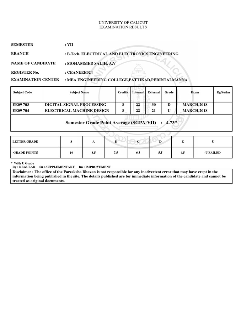 Calicut University BTech Electrical Engineering Exam Results | PDF