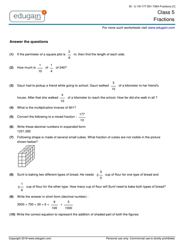 Class 5 Fractions: Answer The Questions | PDF | Fraction (Mathematics ...