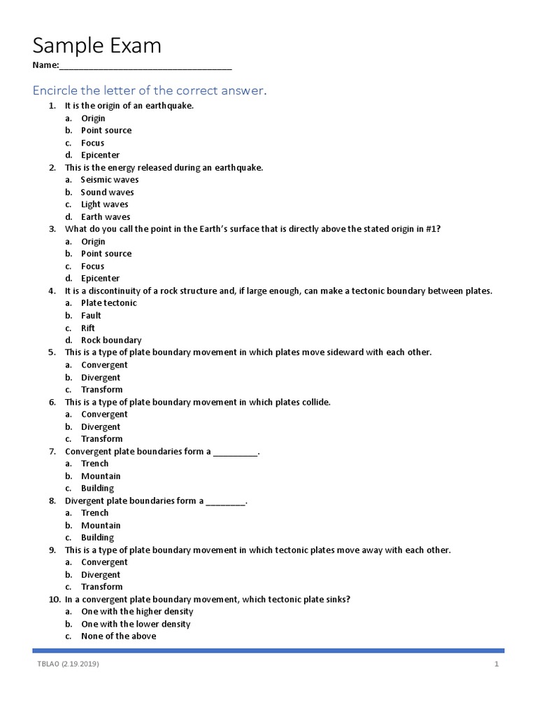 Earthquake Sample Exam | PDF | Earthquakes | Atmosphere Of Earth