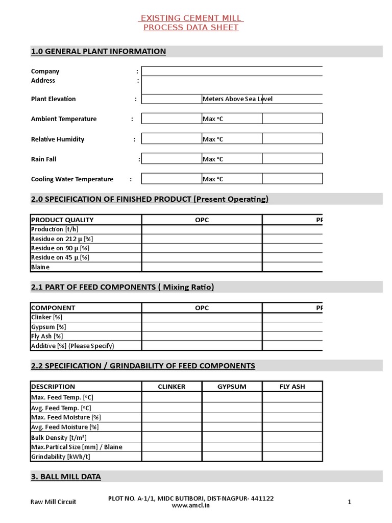 1.0 General Plant Information: Existing Cement Mill Process Data Sheet ...