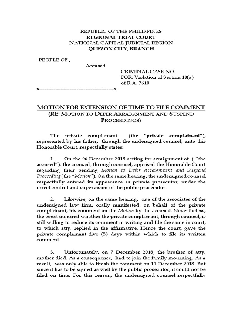Sample Motion For Extension of Time | PDF | Prosecutor | Arraignment