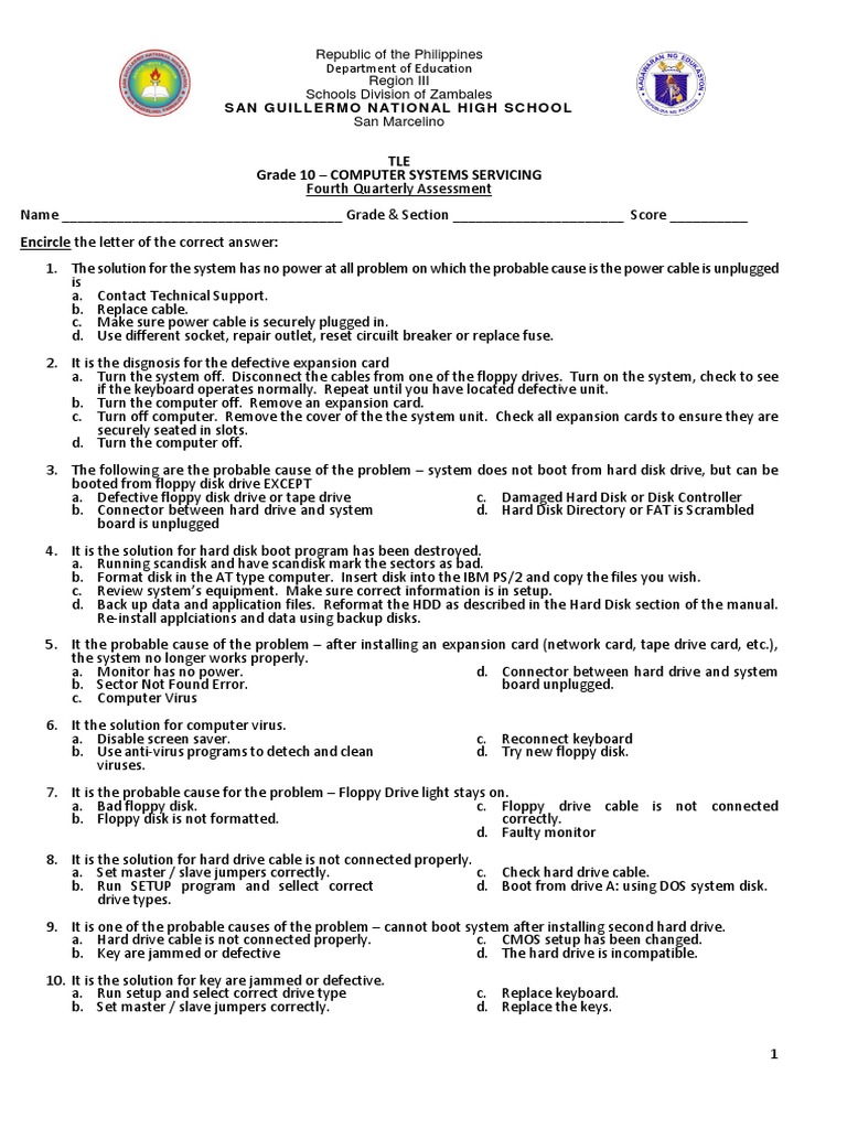 Grade 10 TLE 4th Quarter Exam Review | PDF | Floppy Disk | Computer Network