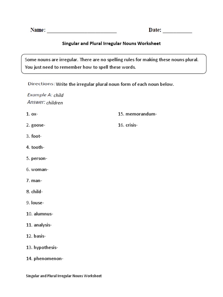 Singular and Plural Irregular Nouns Worksheet: Child Children | PDF