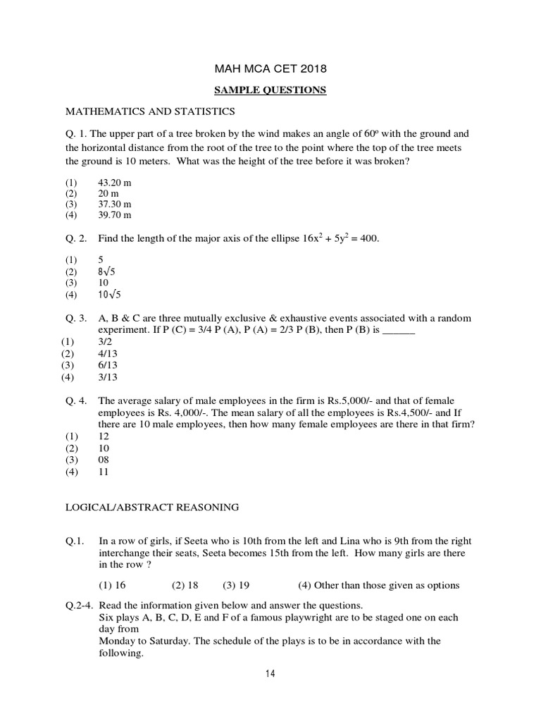 Official MAH MCA CET 2018 Sample Paper PDF | PDF | Cognition | Teaching ...