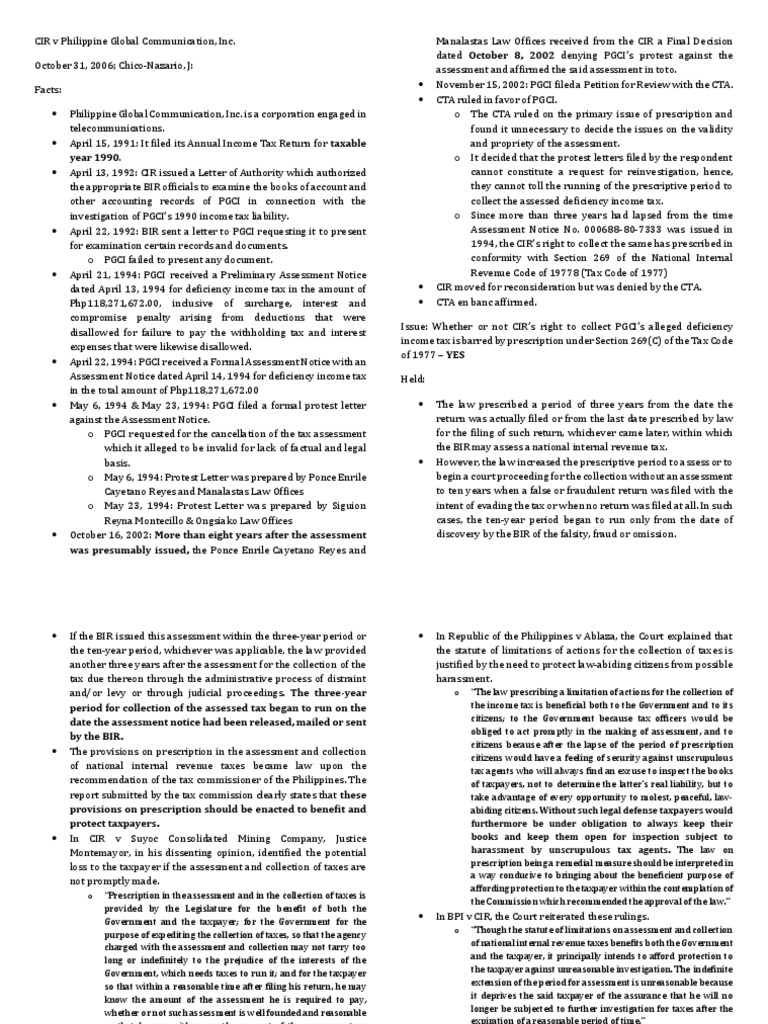 CIR V Philippine Global Communication | Download Free PDF | Statute Of ...