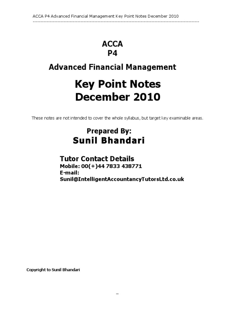 ACCA P4 Key Point Notes December 2010 | PDF | Cost Of Capital | Dividend
