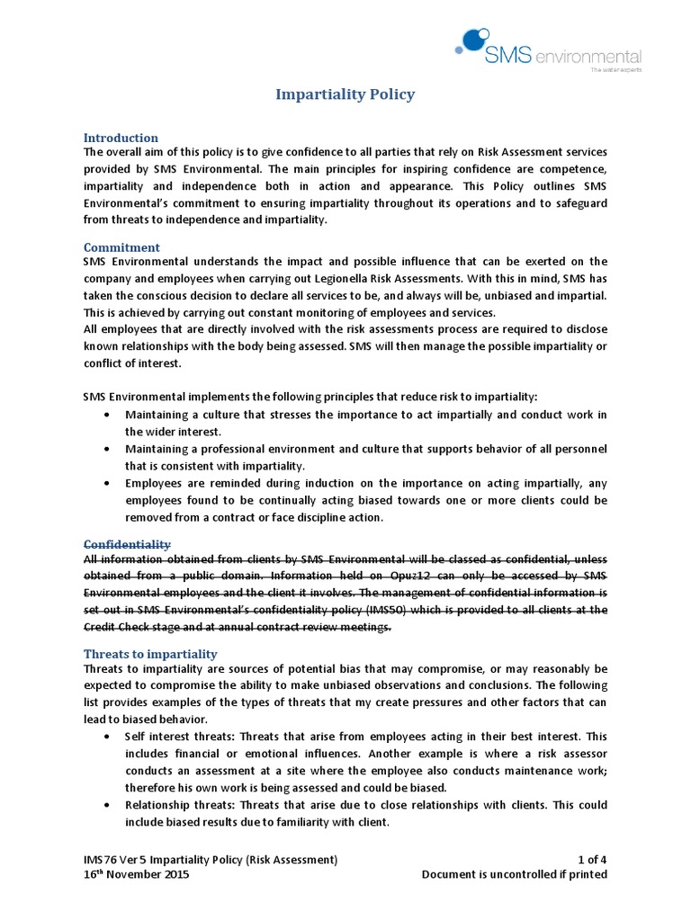 IMS76 Ver 5 Impartiality Policy (Risk Assessment) PDF | PDF | Risk Assessment | Risk