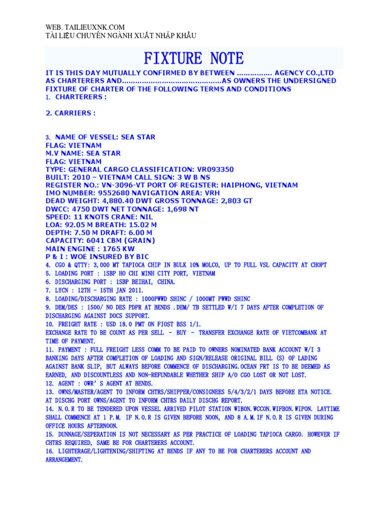 Fixture note.pdf | Tonnage | Shipping