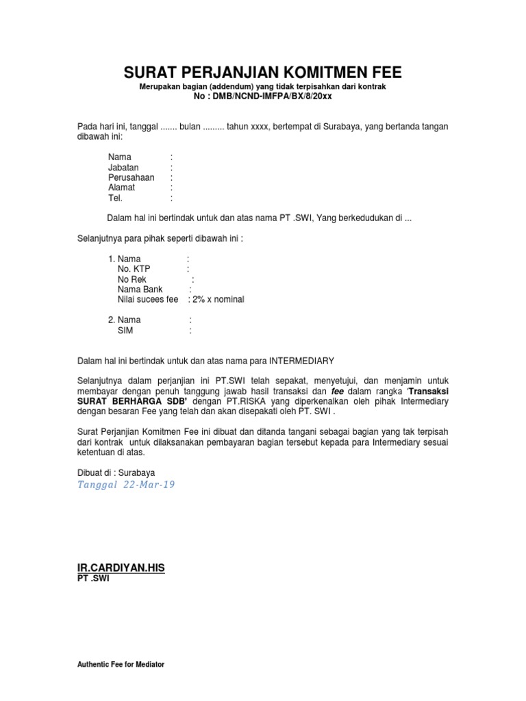 Surat Perjanjian Komitmen Fee | PDF