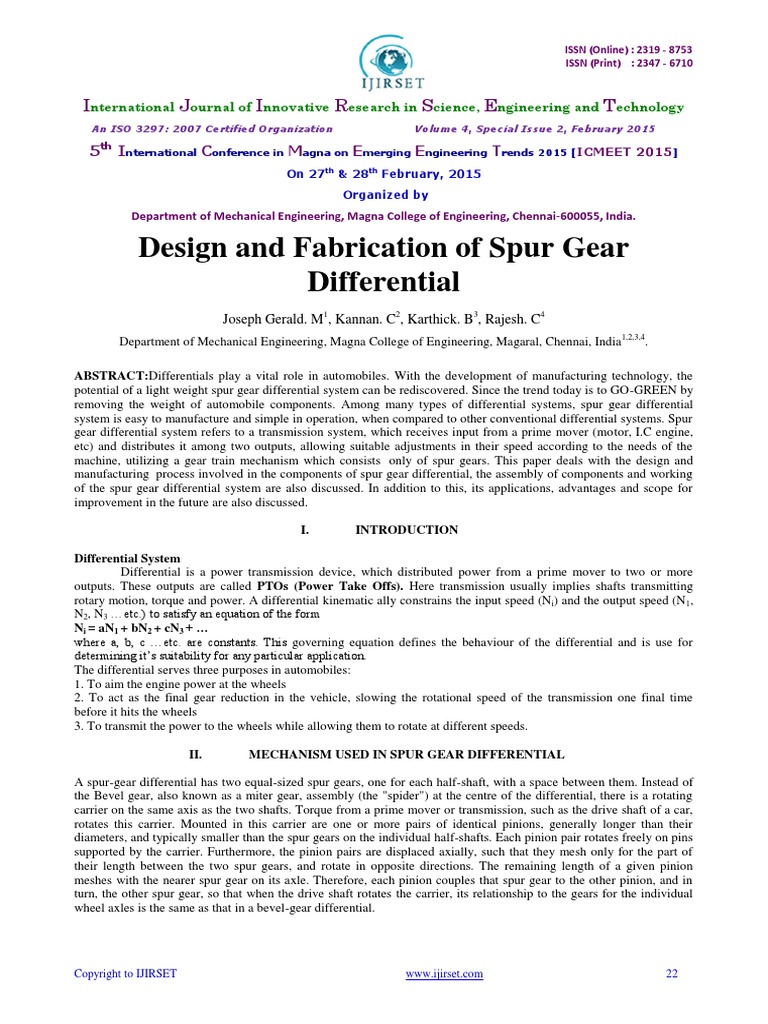 Design and Fabrication of Spur Gear Differential: I J I R S E T | PDF ...