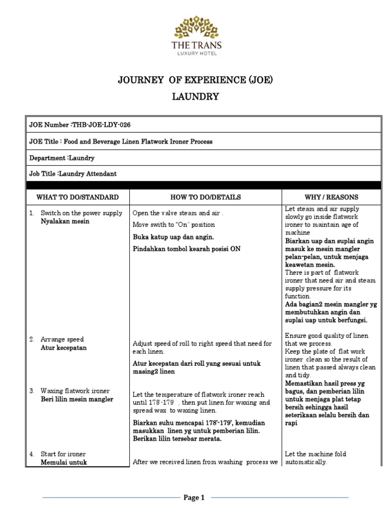 JOE 026 F & B Linen Flatwork Ironer Process, Doc | PDF | Machines | Manufactured Goods
