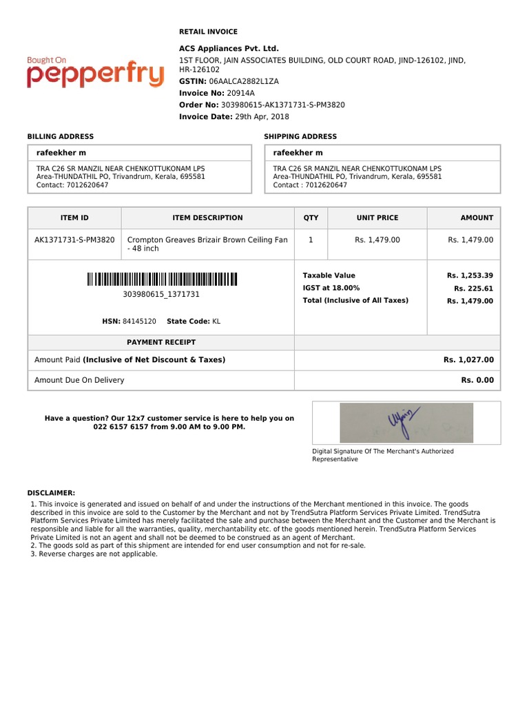 Crompton Fan Sound | PDF | Invoice | Receipt