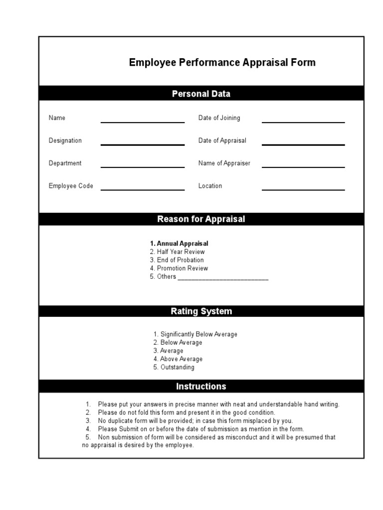 Employee Performance Appraisal Form | PDF | Psychology | Behavioural ...